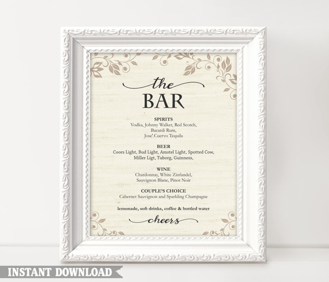 Bar Sign Bar Menu Sign Printable Bar Sign Wedding Bar Sign - Etsy