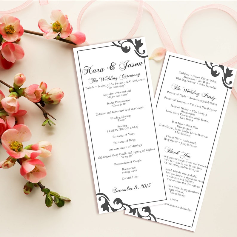 Wedding Program Template, DIY Printable Wedding Program, Editable Black and White Border Program ...
