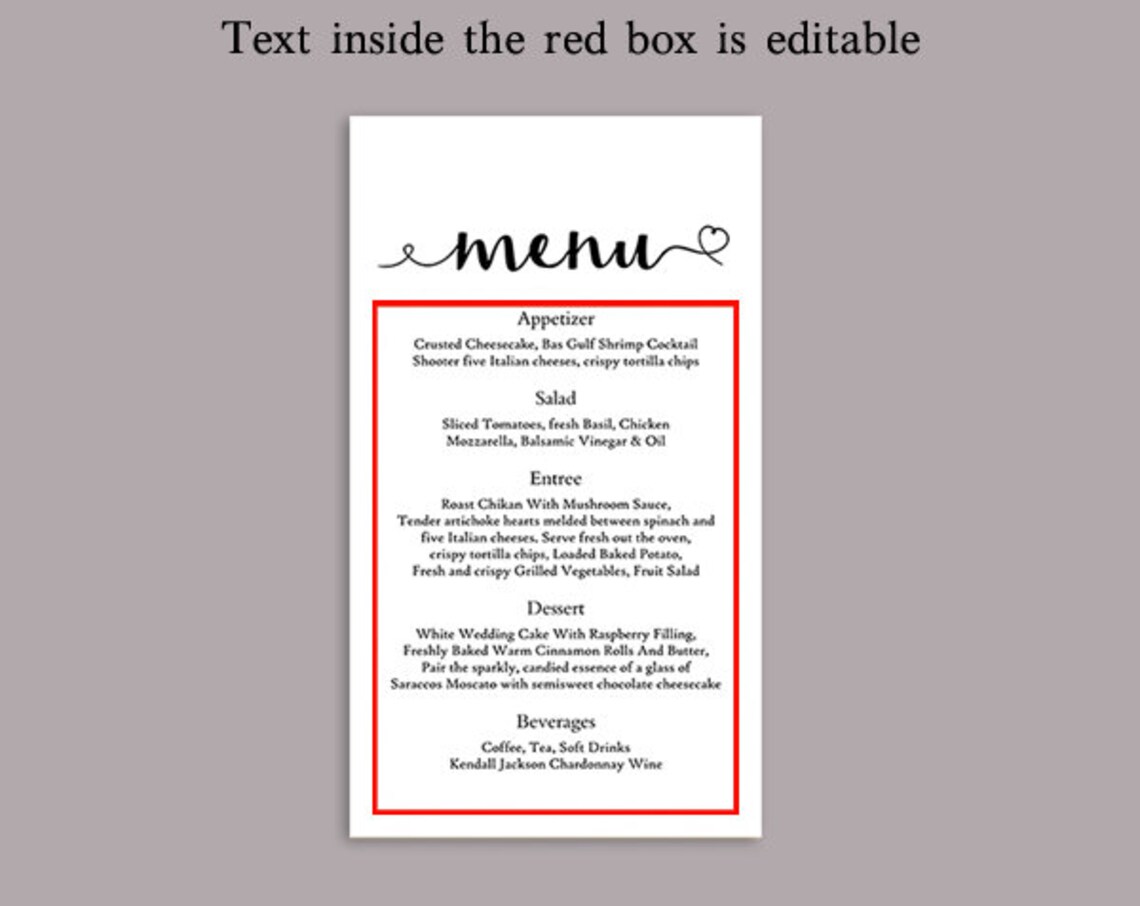 Printable Wedding Menu Template DIY Menu Card Template Heart - Etsy
