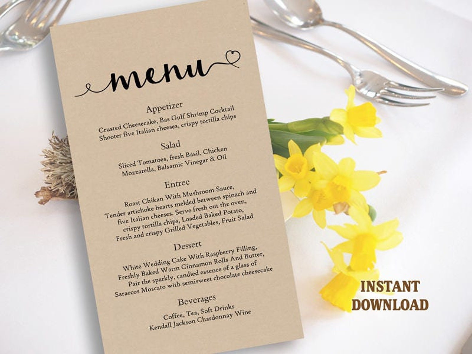 Printable Wedding Menu Template DIY Menu Card Template Heart - Etsy