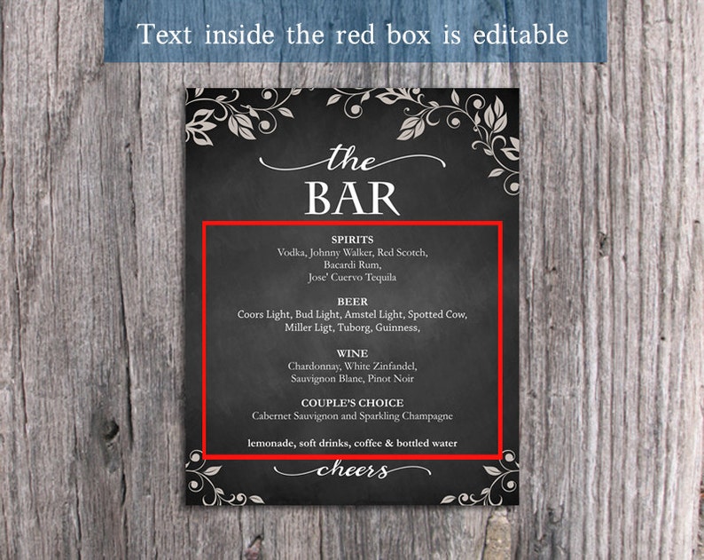 Bar Sign Bar Menu Sign Printable Bar Sign Wedding Bar Sign - Etsy