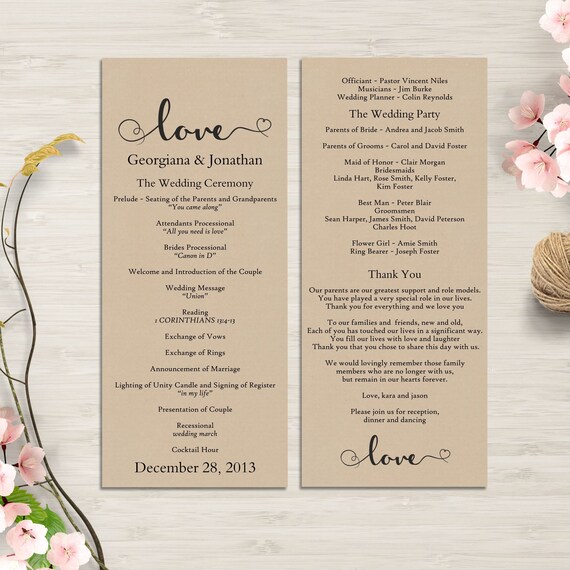 Reception Menu Template Wedding Programs