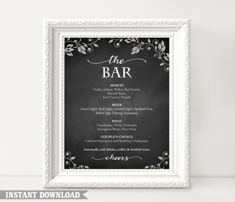 Bar Sign, Bar Menu Sign, Printable Bar Sign, Wedding Bar Sign ...