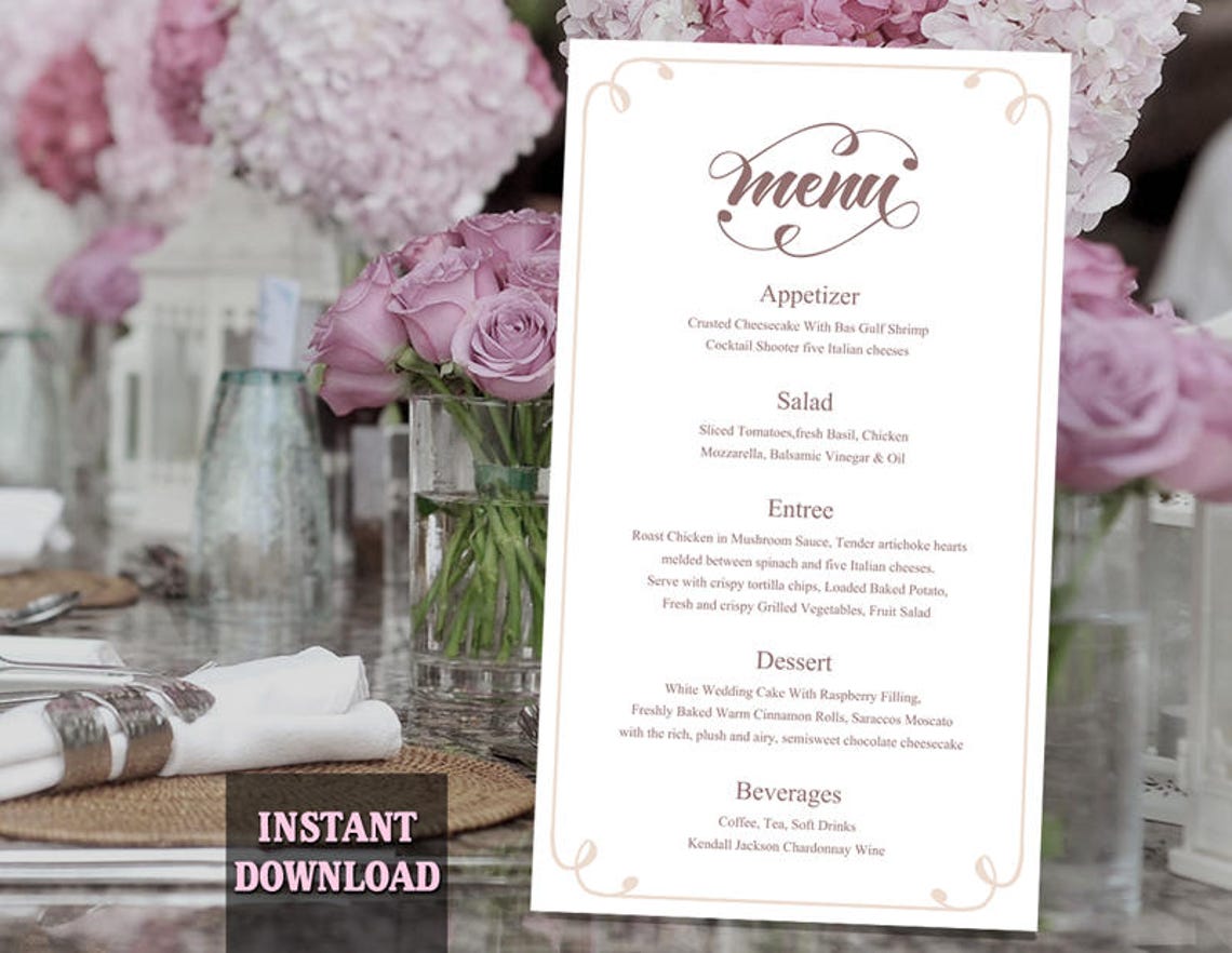 Printable Wedding Menu Template DIY Menu Card Template Script | Etsy
