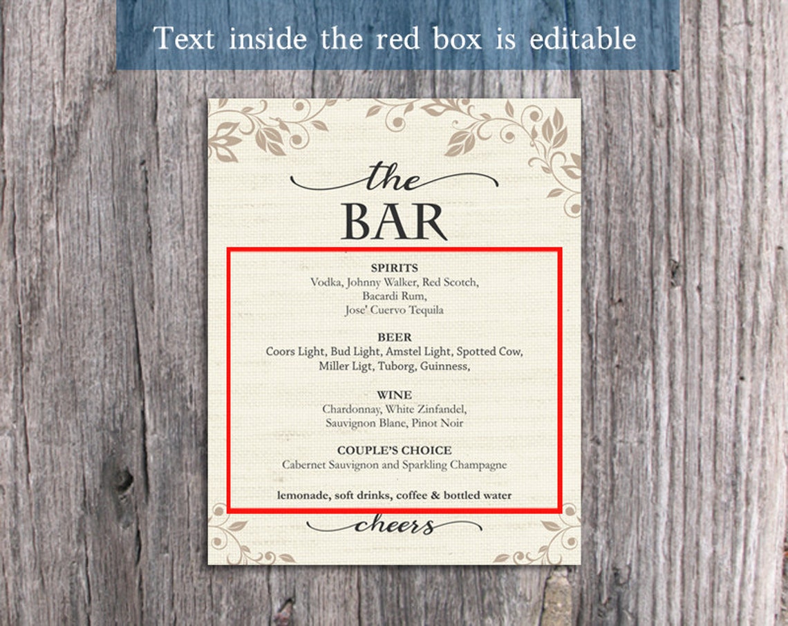 Bar Sign Bar Menu Sign Printable Bar Sign Wedding Bar Sign - Etsy