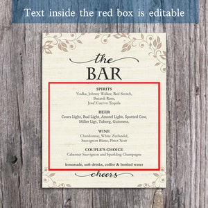 Bar Sign, Bar Menu Sign, Printable Bar Sign, Wedding Bar Sign, Event ...