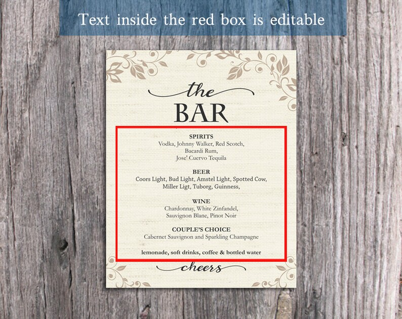 Bar Sign, Bar Menu Sign, Printable Bar Sign, Wedding Bar Sign, Event ...