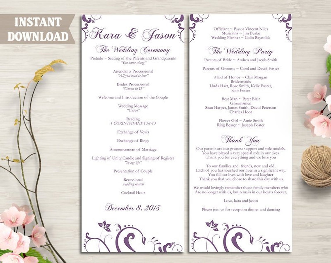 Wedding Program Template DIY Editable Word File Instant - Etsy