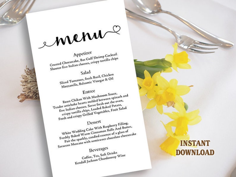 Printable Wedding Menu Template DIY Menu Card Template Heart - Etsy