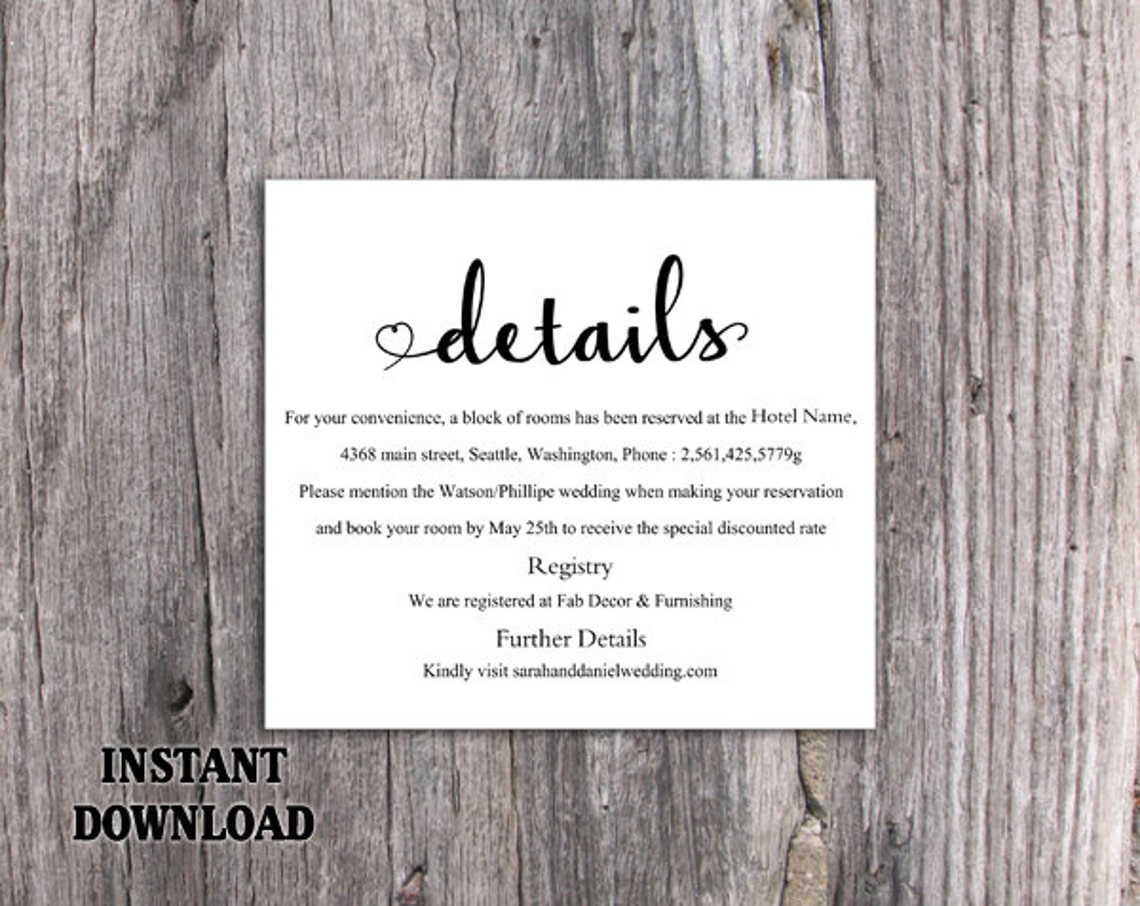 DIY Wedding Details Card Template Download Printable Wedding - Etsy