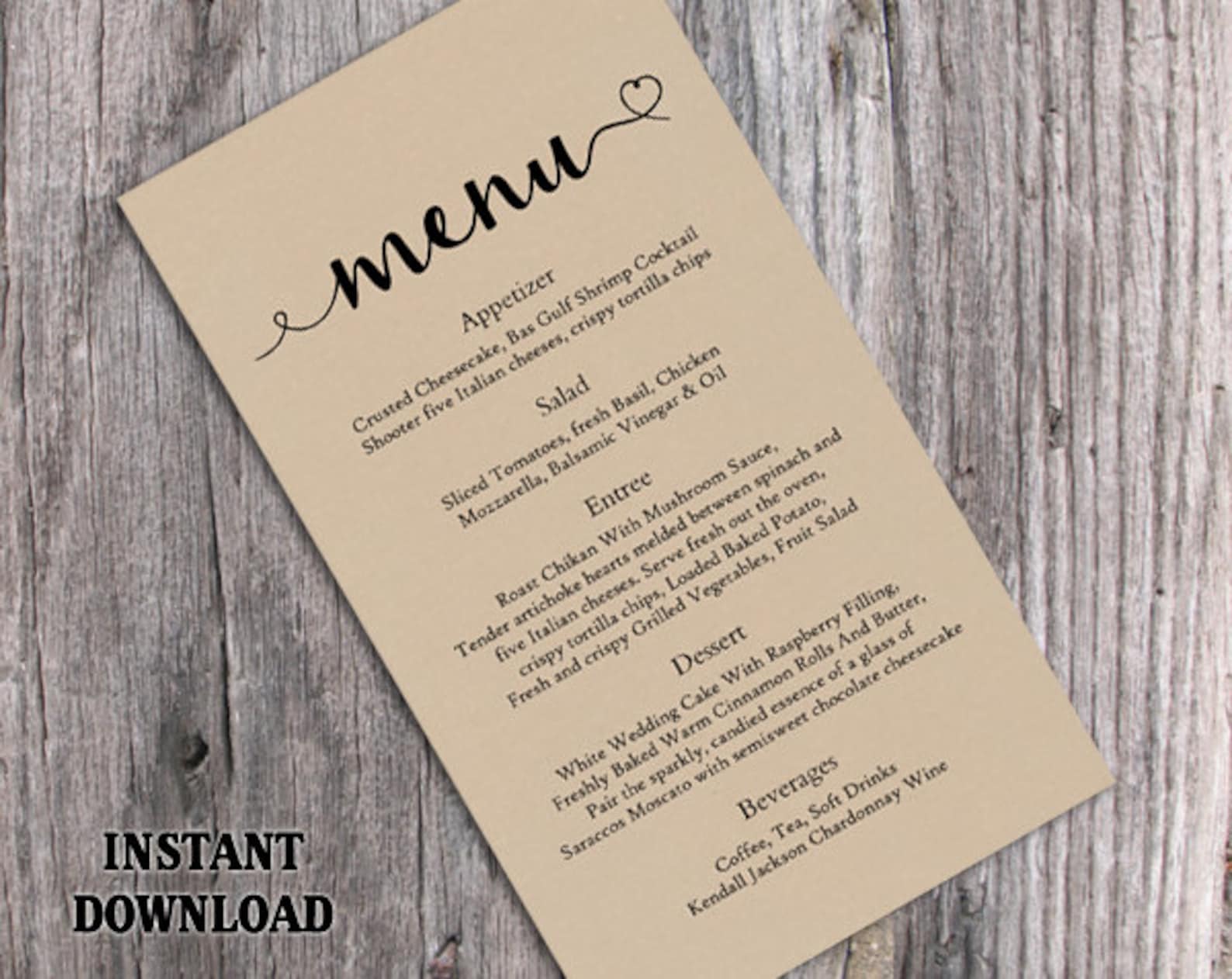 Printable Wedding Menu Template DIY Menu Card Template Heart - Etsy
