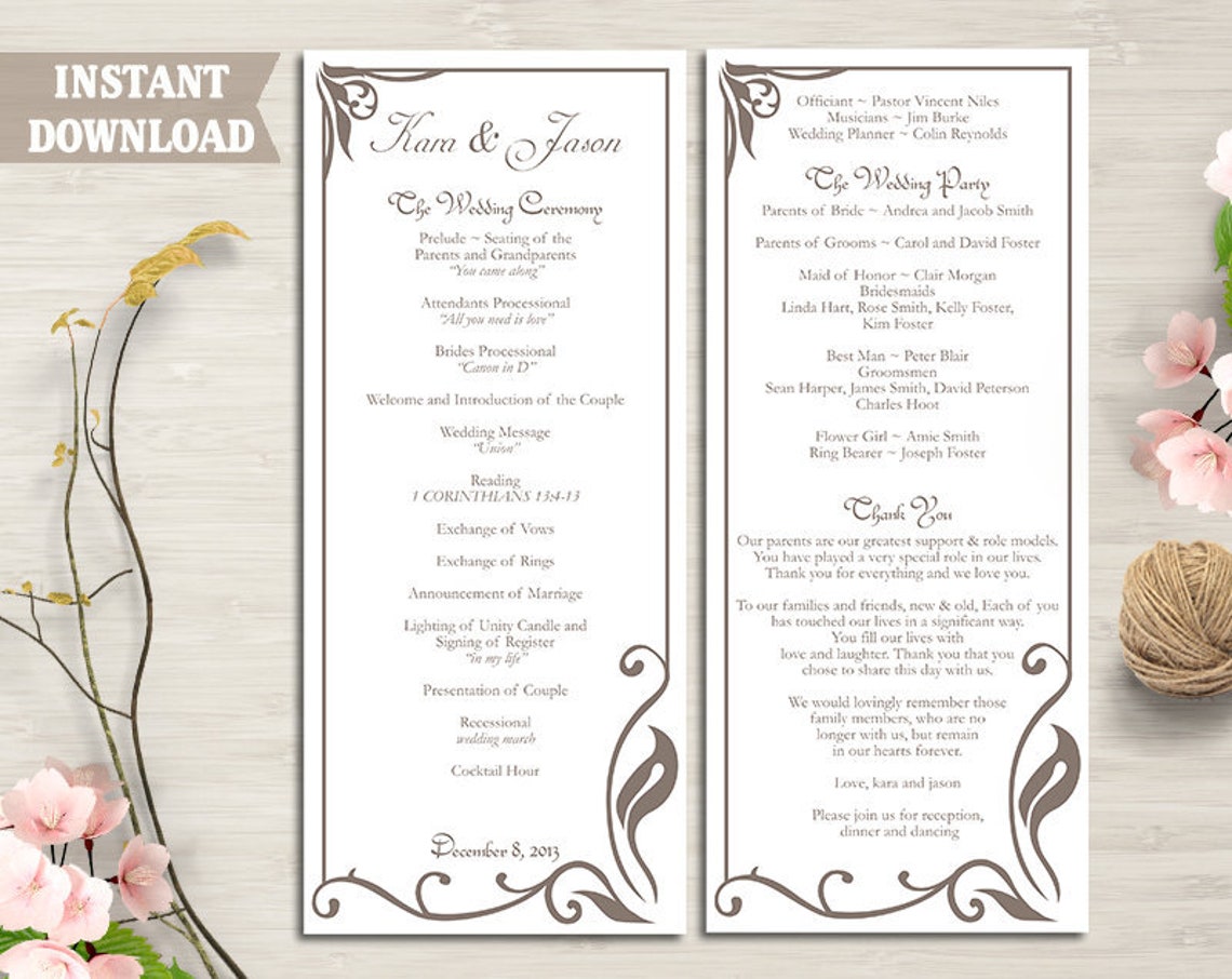 Wedding Program Template DIY Editable Text Word File Instant | Etsy