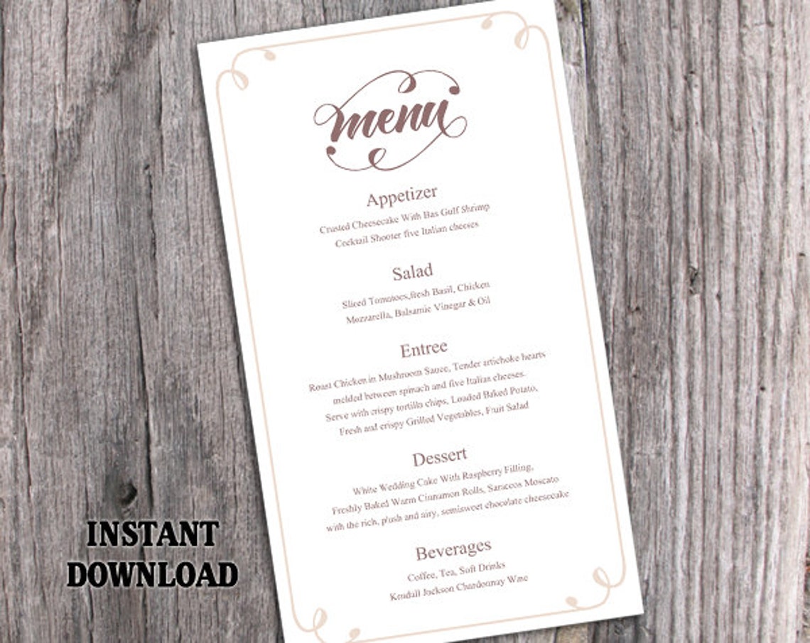 Printable Wedding Menu Template DIY Menu Card Template Script | Etsy