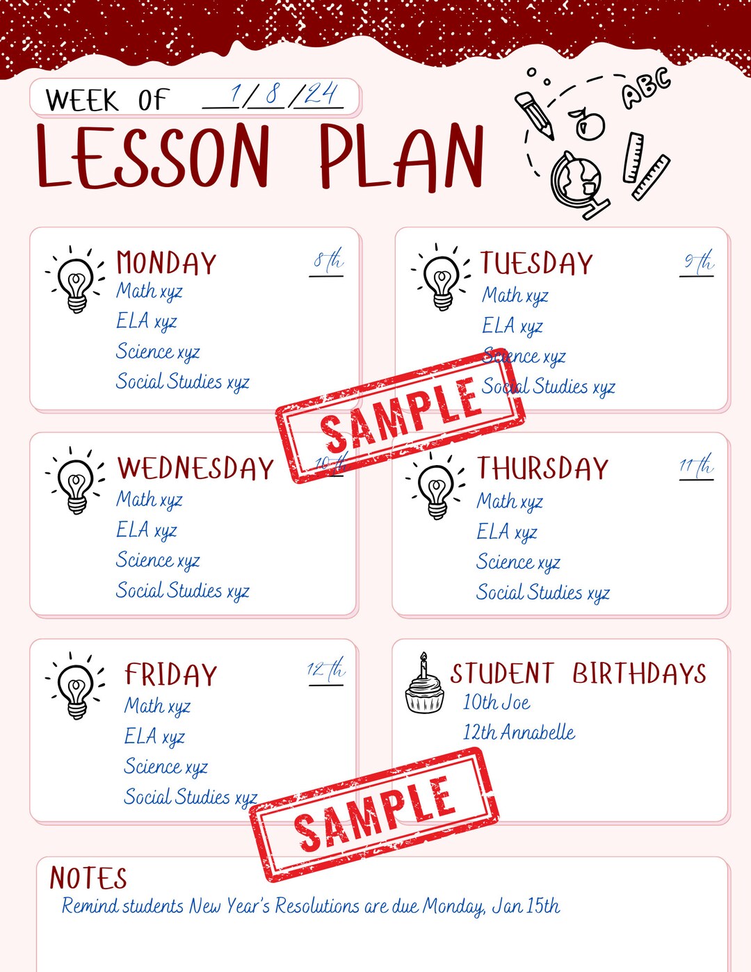 Lesson Plan | Weekly Planner PDF | Printable PDF | Weekly Organizer ...