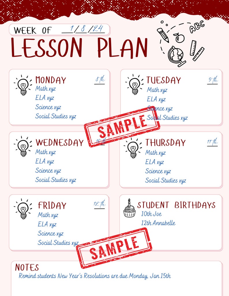 Lesson Plan Weekly Planner PDF Printable PDF Weekly Organizer Weekly to Do List Template Weekly ...