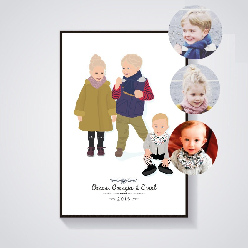 Portraits of Three Children Customized Custom Personalized Illustration ...