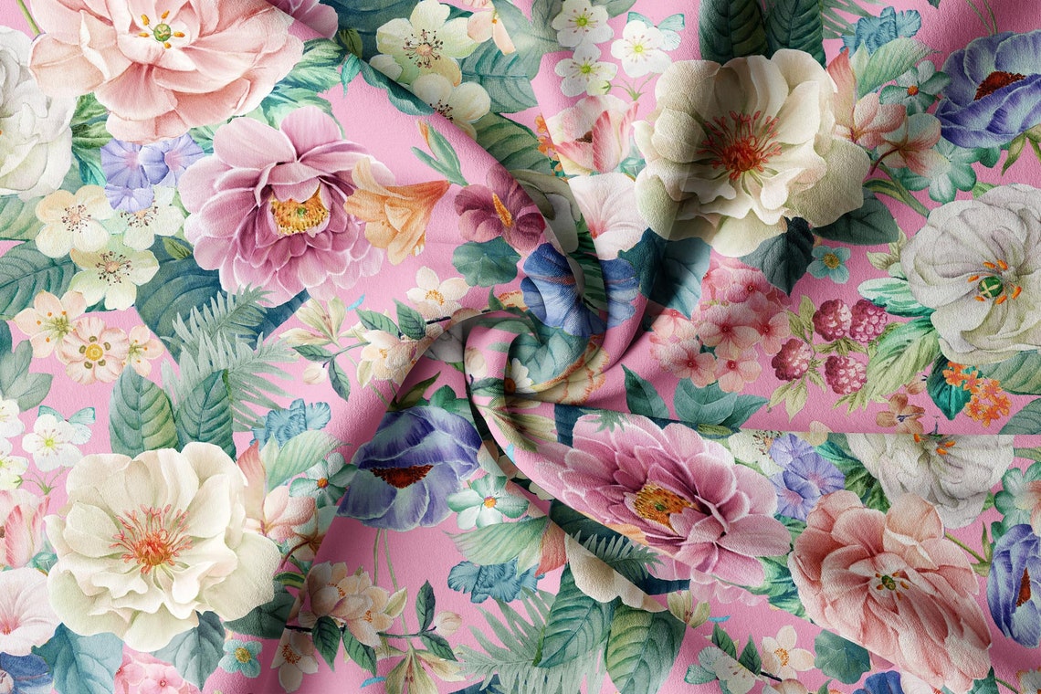 Elegant Floral Pattern Printed Fabric // Crepe, Satin, Chiffon Fabric ...