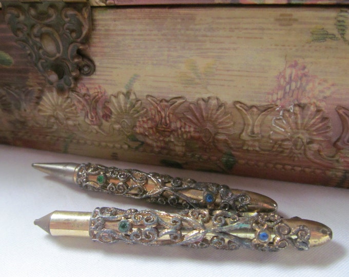 Art Deco Gold Jeweled and Filigree Pen and Pencil Set With Case ...