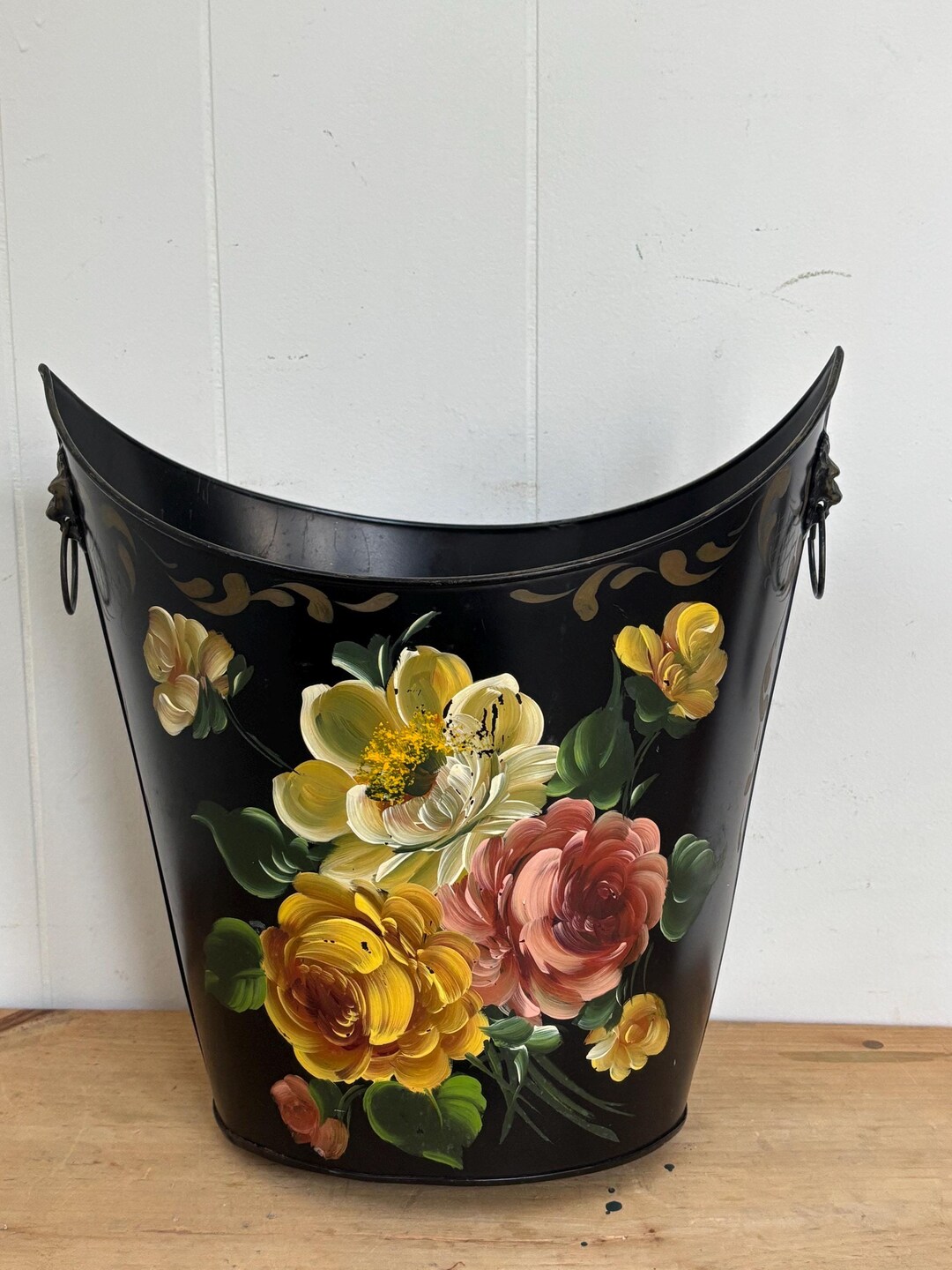 Tole Wastepaper Basket Toleware Floral Trashcan Lion Head Handles ...