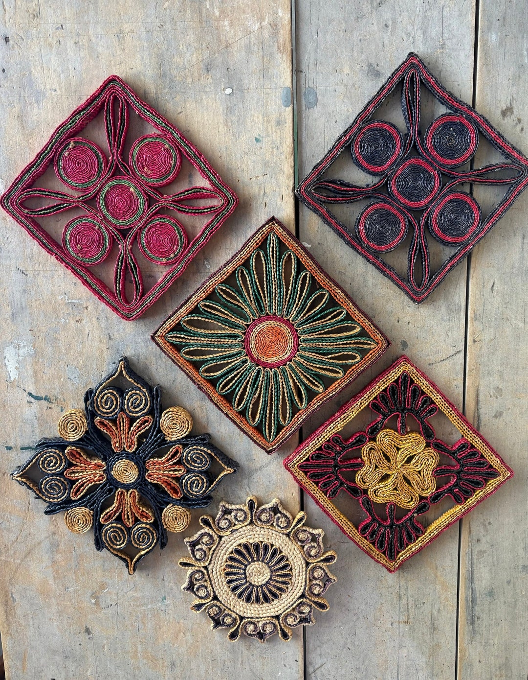 Six Raffia Wicker Trivet Collection Coaster Set Multi-color Trivets ...