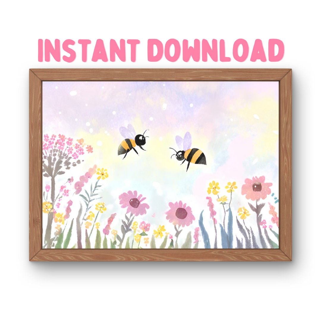SPRING Dreamy Watercolor Bees in Garden Pastel Art instant Download - Etsy