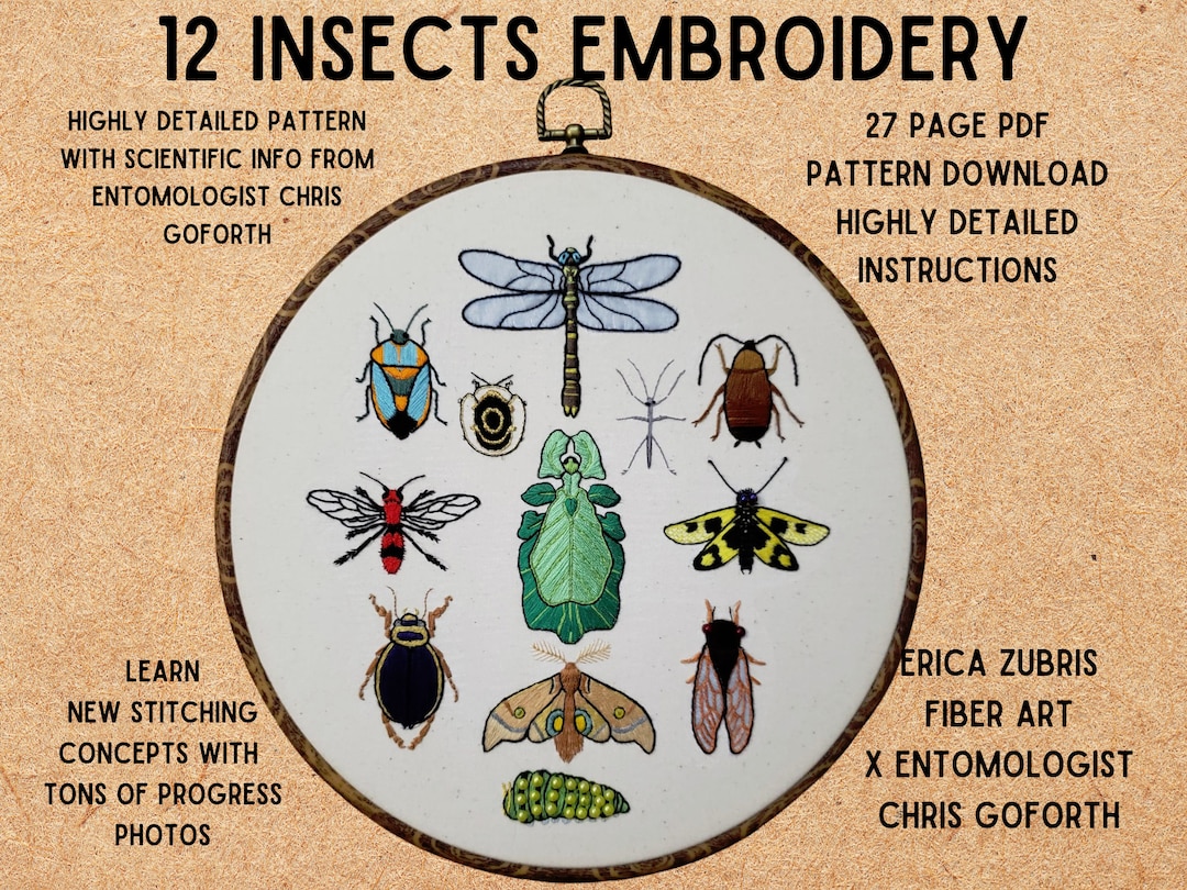 Insect Bugs Embroidery Pattern Entomology Cicada Dragonfly Stitchalong ...