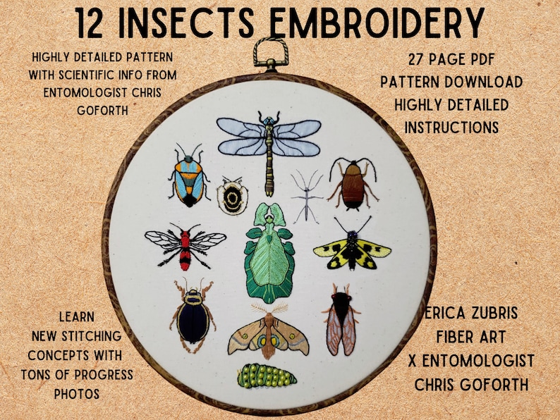 Insect Bugs Embroidery Pattern Entomology Cicada Dragonfly Stitchalong ...