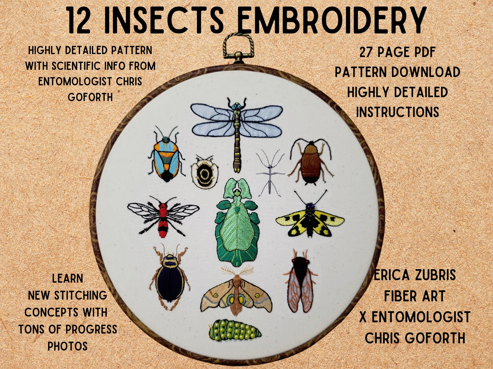Insect Bugs Embroidery Pattern Entomology Cicada Dragonfly Stitchalong ...
