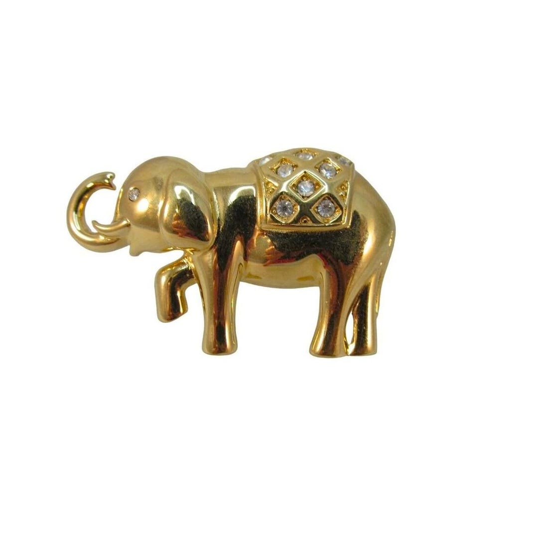 Monet Gold Plated Rhinestone Elephant Brooch Good Luck Trunk up Pin ...