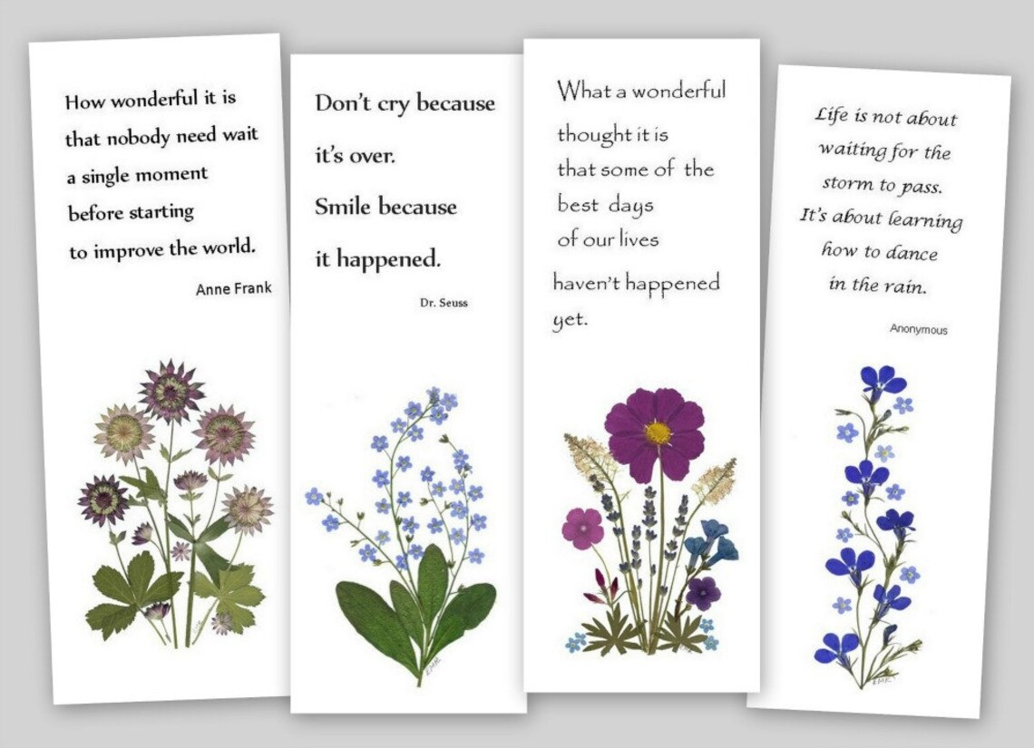 Pressed Flower Bookmarks - Set of 4 - Quotes to Inspire - #055 - Etsy