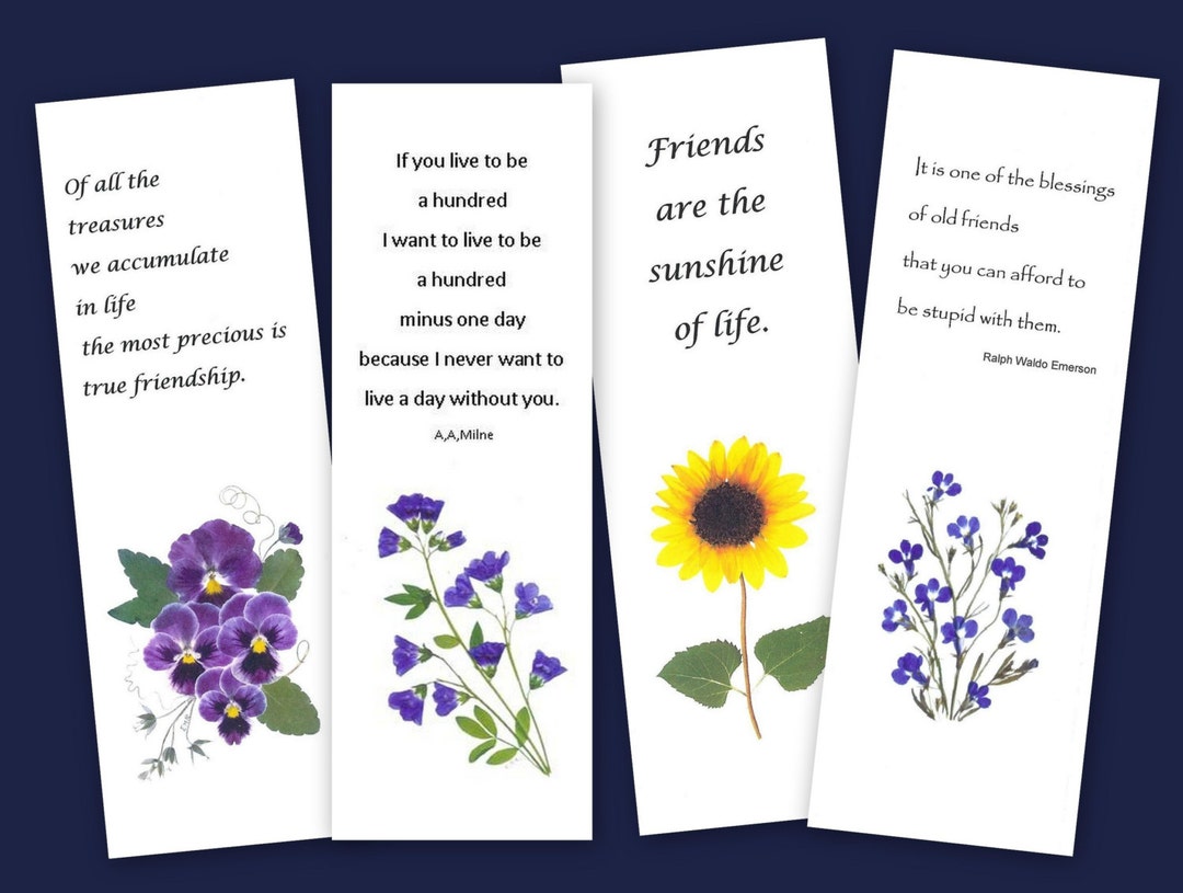 Set of 4 Bookmarks - Pressed Flowers - Friendship Quotes - #042 - Etsy