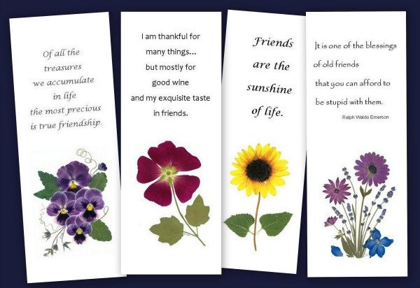 Friendship Bookmarks - Set of 4 Pressed Flower Bookmarks - Quotes About ...