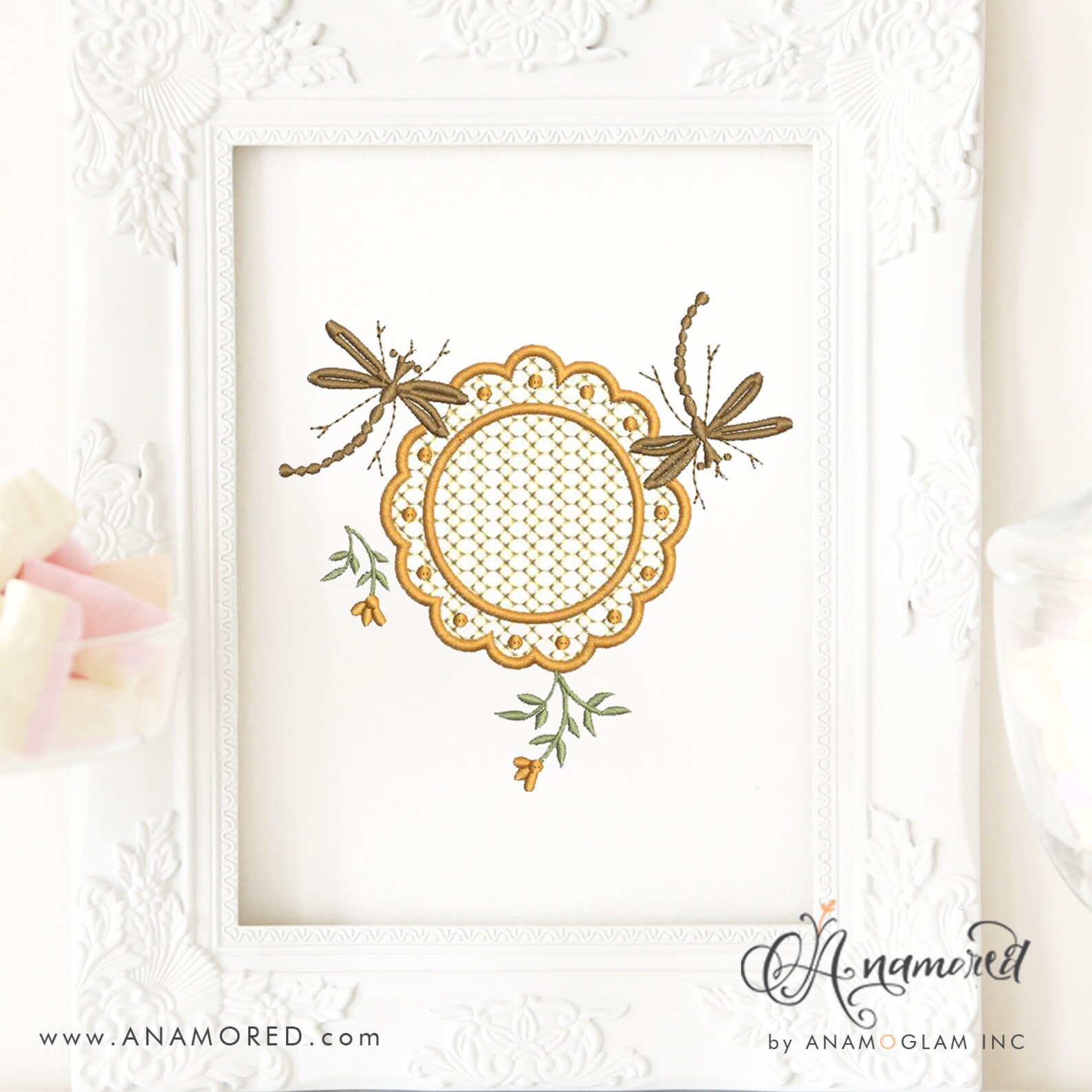 Dragonfly Motif Circular Monogram Frame Embroidery Design | Etsy