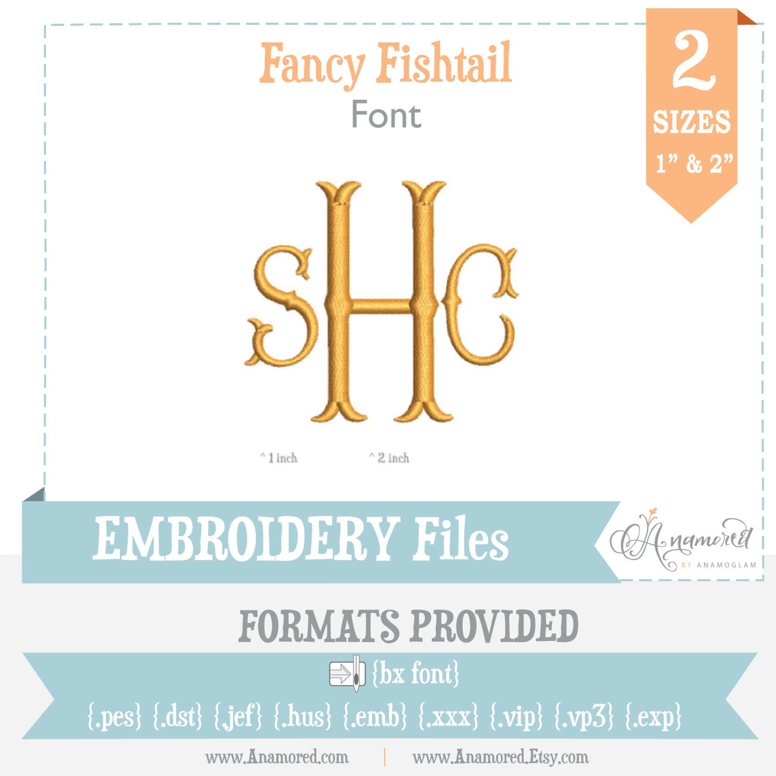 1 & 2 Fancy Fishtail Embroidery Font, Instant Download for Embroidery ...