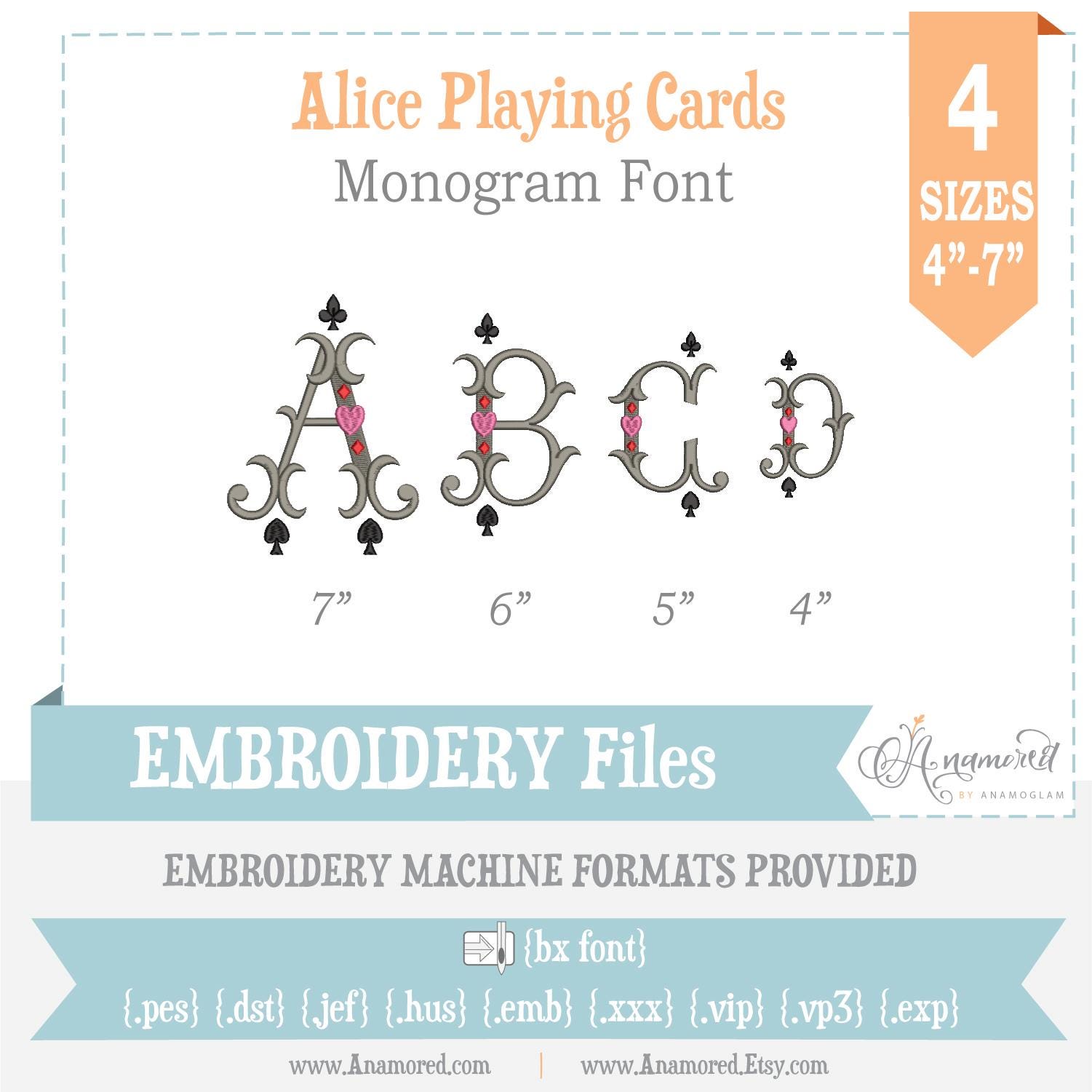 4 Sizes, Alice Vintage Playing Cards Machine Embroidery Monogram Font ...