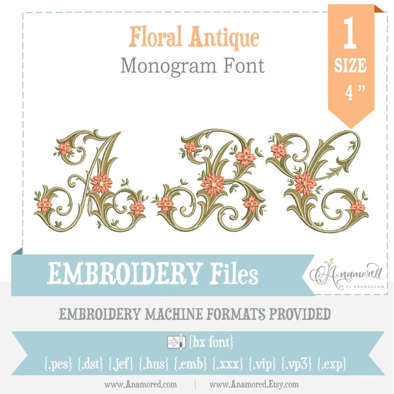 4" Floral Antique Vintage Embroidery Monogram Font for Embroidery ...