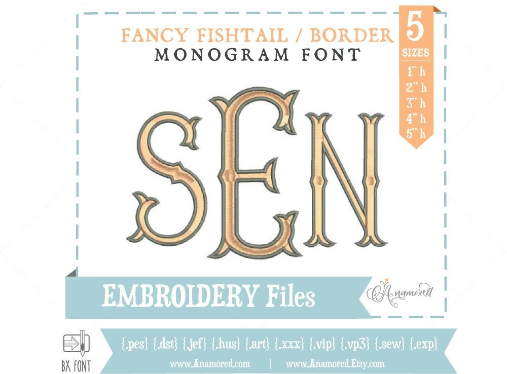 5 Sizes Fancy Fishtail With Border / Outline Embroidery Font | Etsy