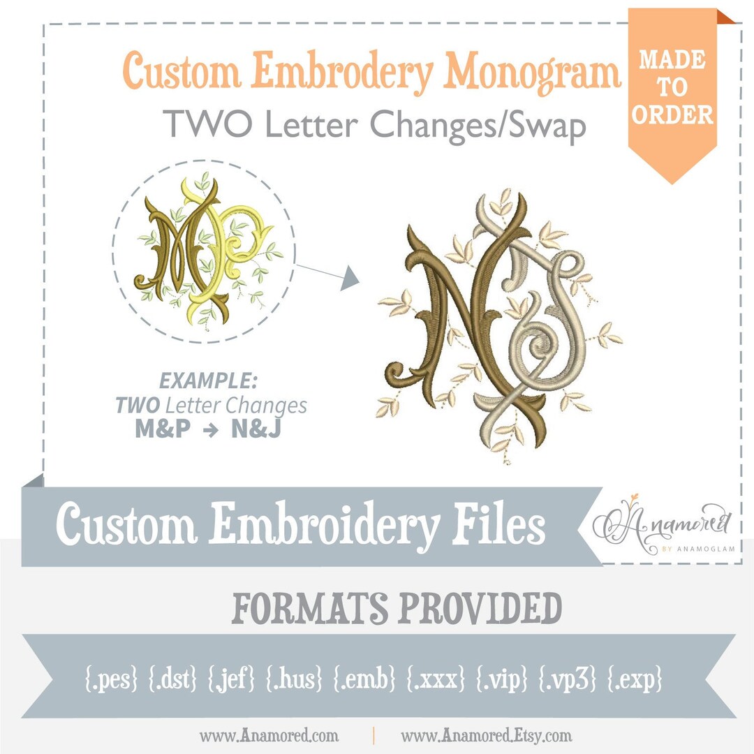2 Letter Changes - Custom Embroidery Monogram Setup -digital Embroidery ...