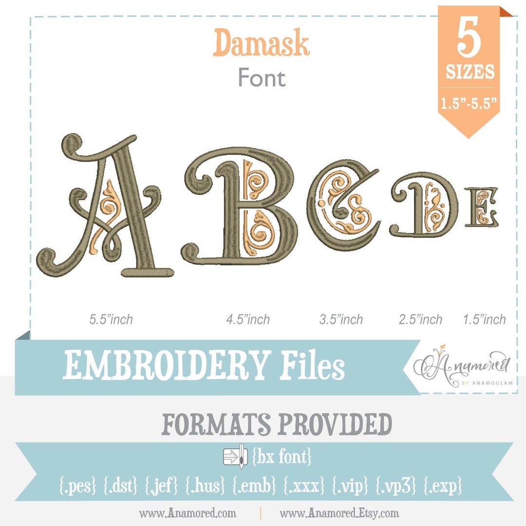 5 Sizes Damask Machine Embroidery Font Monogram Alphabet - 4 Sizes 1.5 ...