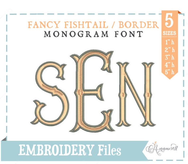 5 Sizes Fancy Fishtail With Border / Outline Embroidery Font - Etsy