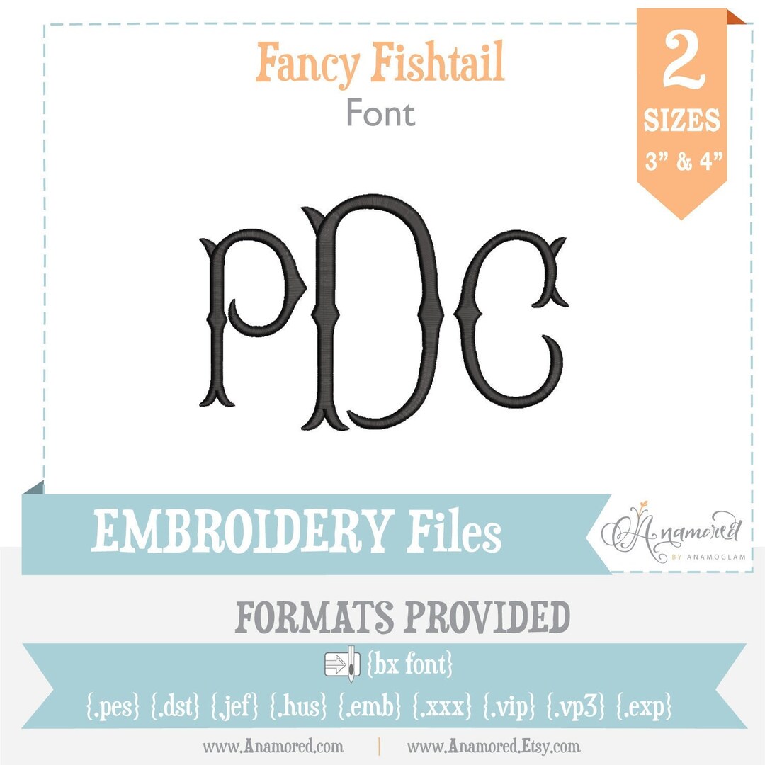 3 and 4, Fancy Fishtail Machine Embroidery Font and Monogram, 26 ...