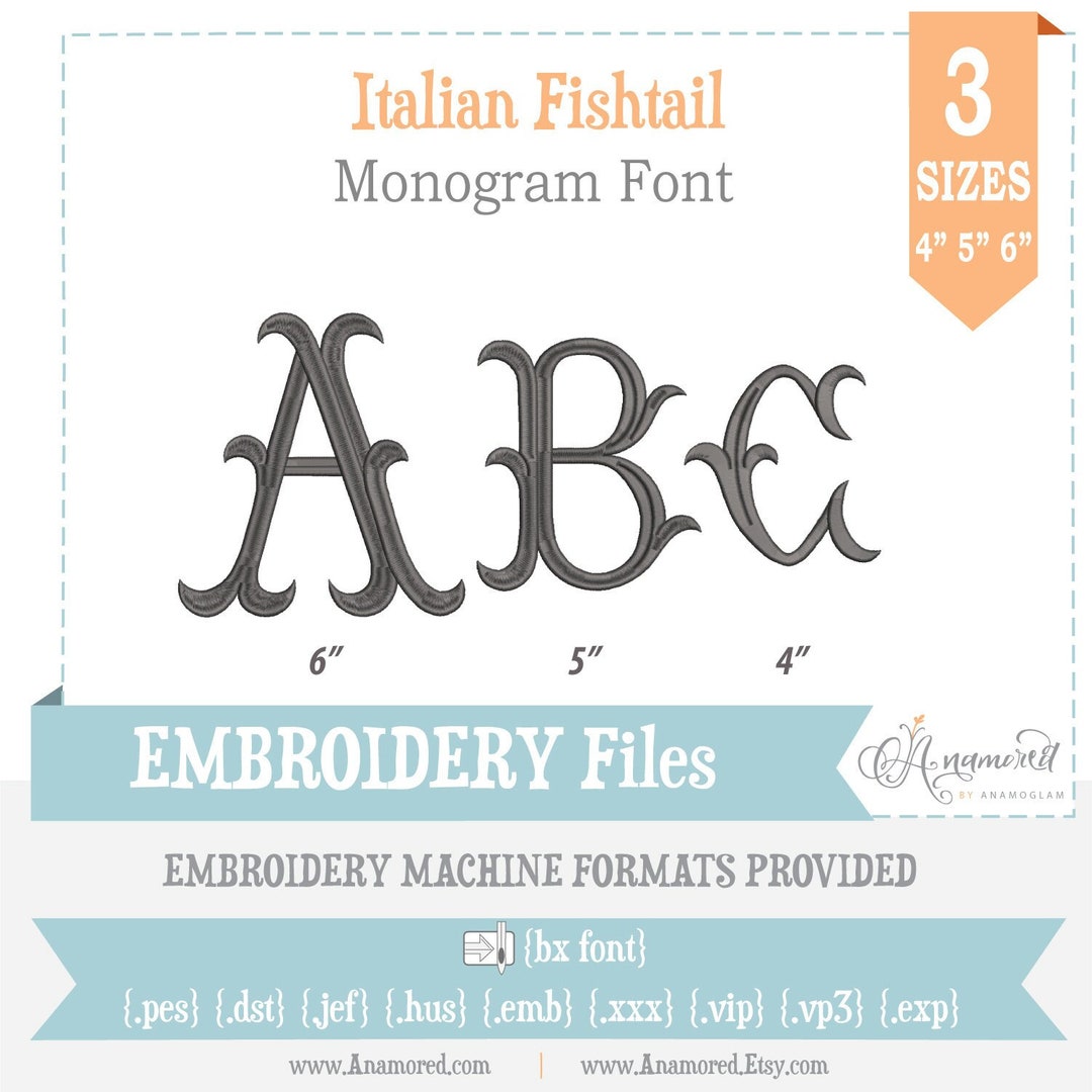 3 Sizes large Italian Fishtail Machine Embroidery Font Monogram ...