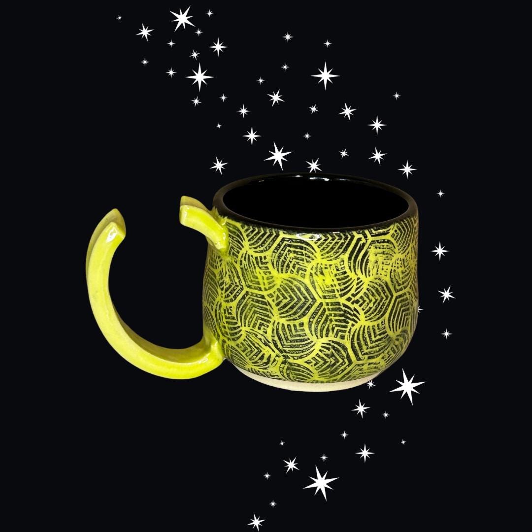 Short Neon Yellow Mug With Funky Handle. - Etsy
