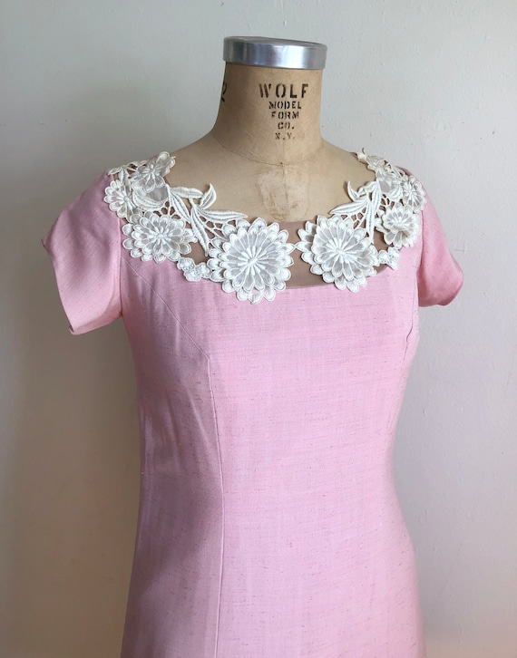 Pink Shift Dress with Floral Applique Yoke - 1960s - Gem