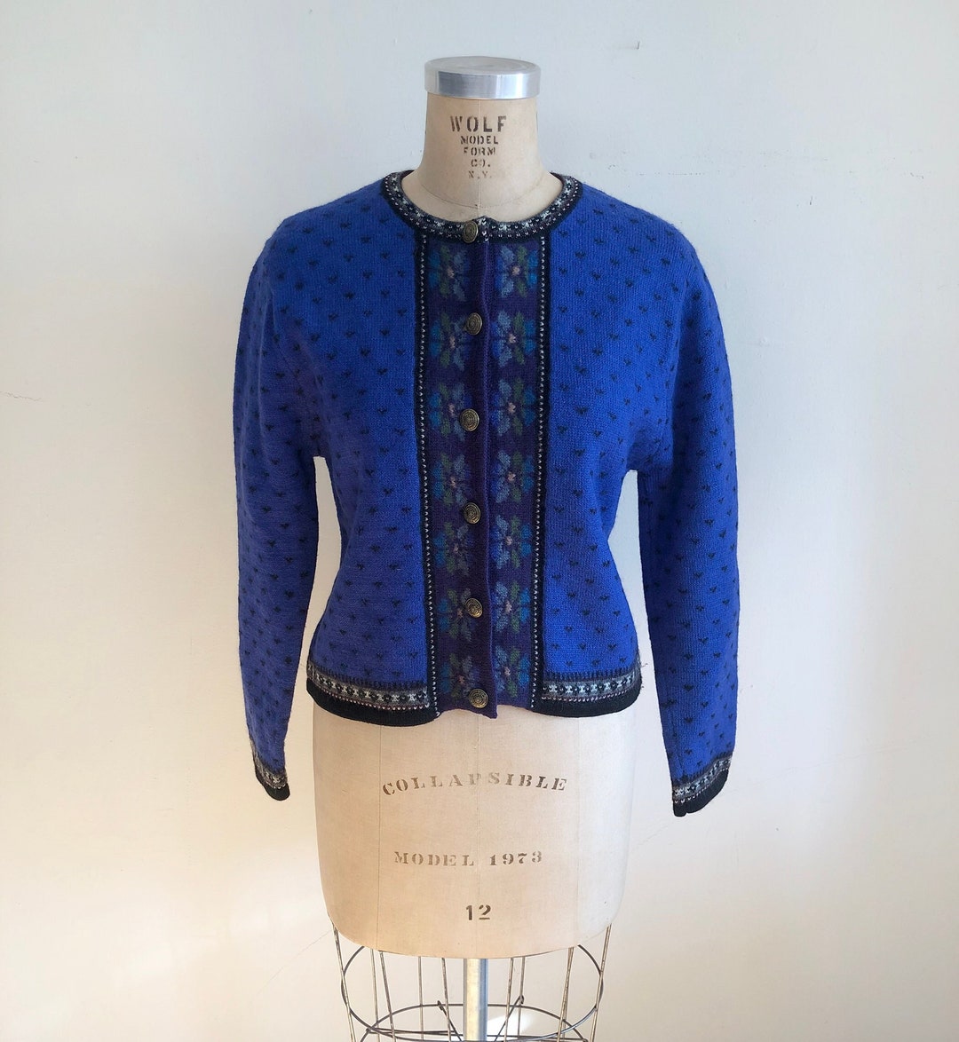 Bright Blue Colorwork Cardigan - 1990s - Etsy