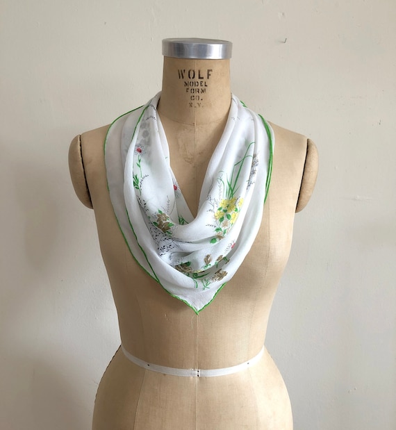 1950'S Silk Scarf - Floral with a Checkered Backgroun… - Gem