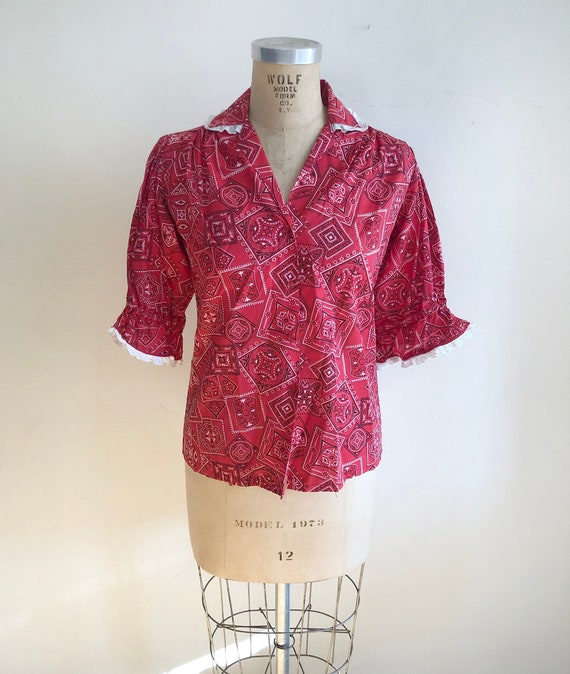 Red Bandana Print Cotton Blouse 1980s Gem