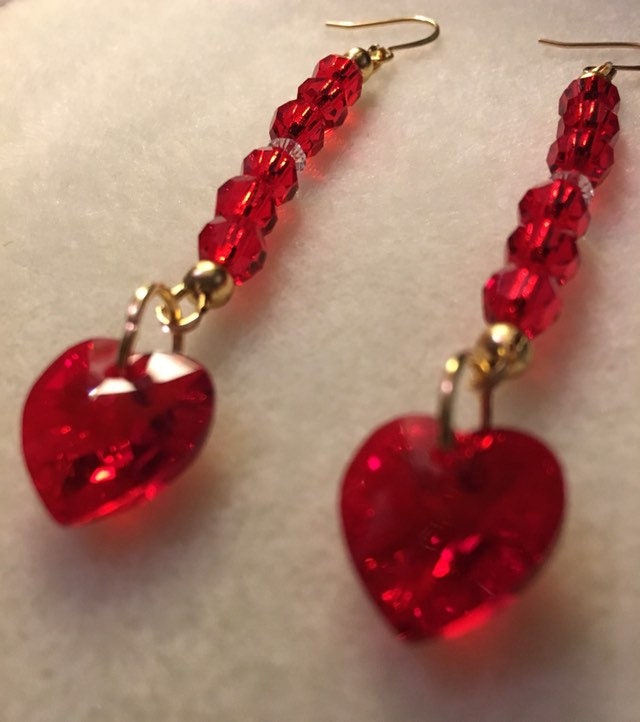 Swarovski Crystal Heart Drop Earrings Gold-plated Pierced Red | Etsy
