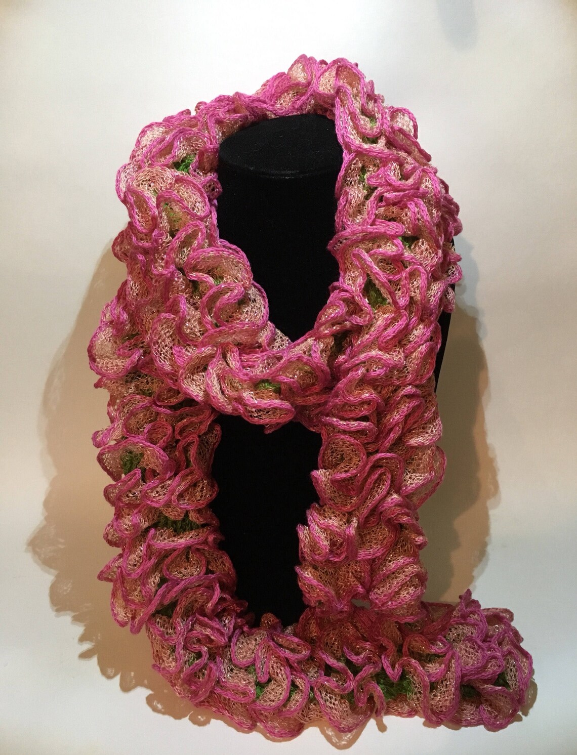 Hand Knit Spiral Lacy Frilly Ruffle Scarf Pink Edge With Green - Etsy
