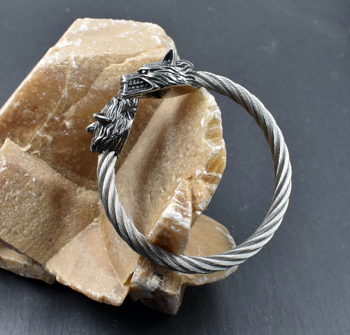Viking bangle with wolf heads Stainless steel bracelet | Etsy
